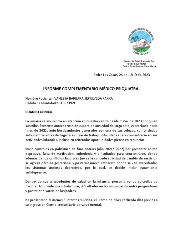 Informe Medico Complementario VANESSA SEPULVEDA PARRA Julio 23 | PDF