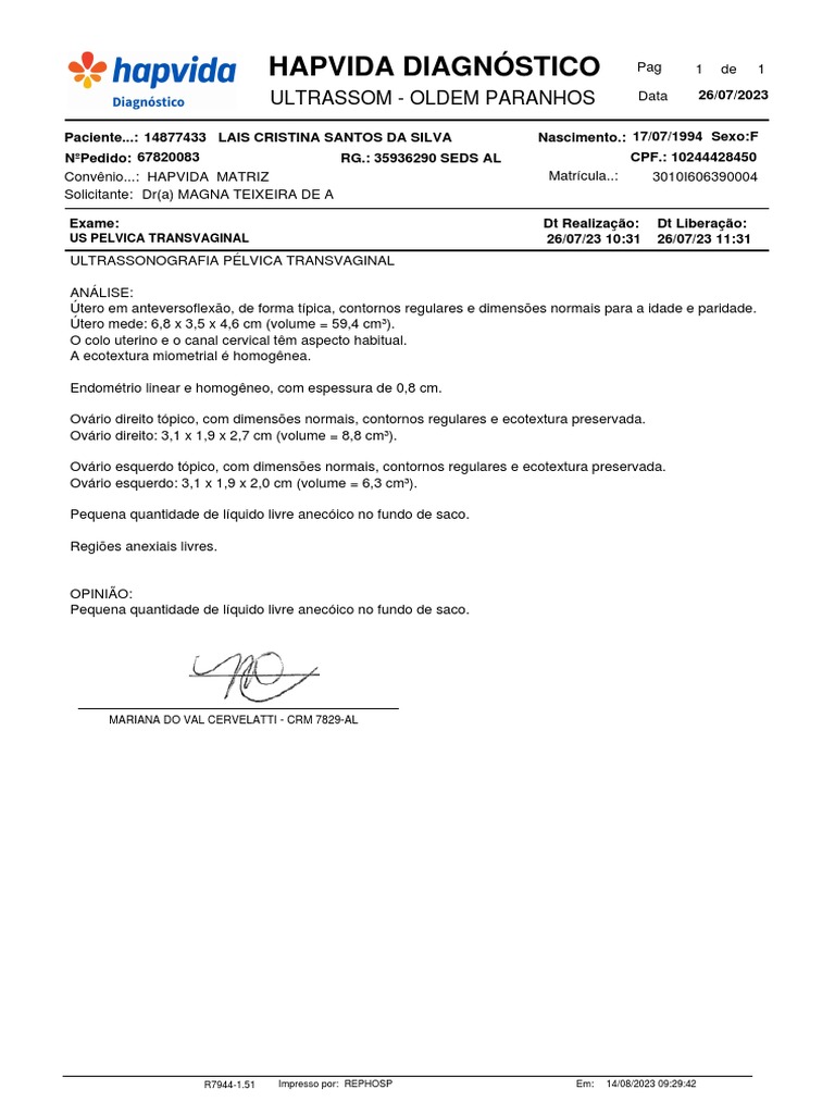 Hapvida Diagnóstico: Ultrassom - Oldem Paranhos | PDF