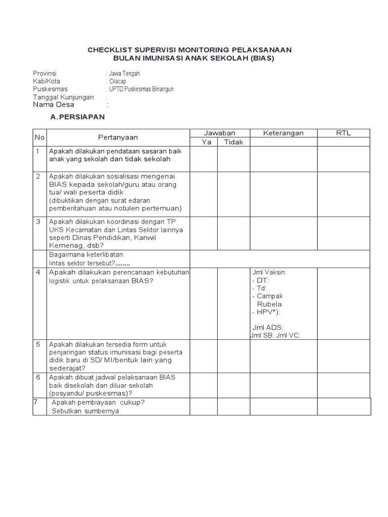 Cheklist Supervisi Monitoring BIAS | PDF | Sains & Matematika