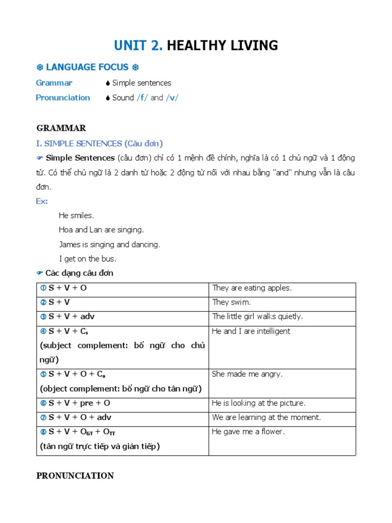 Chinh Phục Ngữ pháp và Bài tập Tiếng anh 7 Global UNIT 2. HEALTHY LIVING | PDF