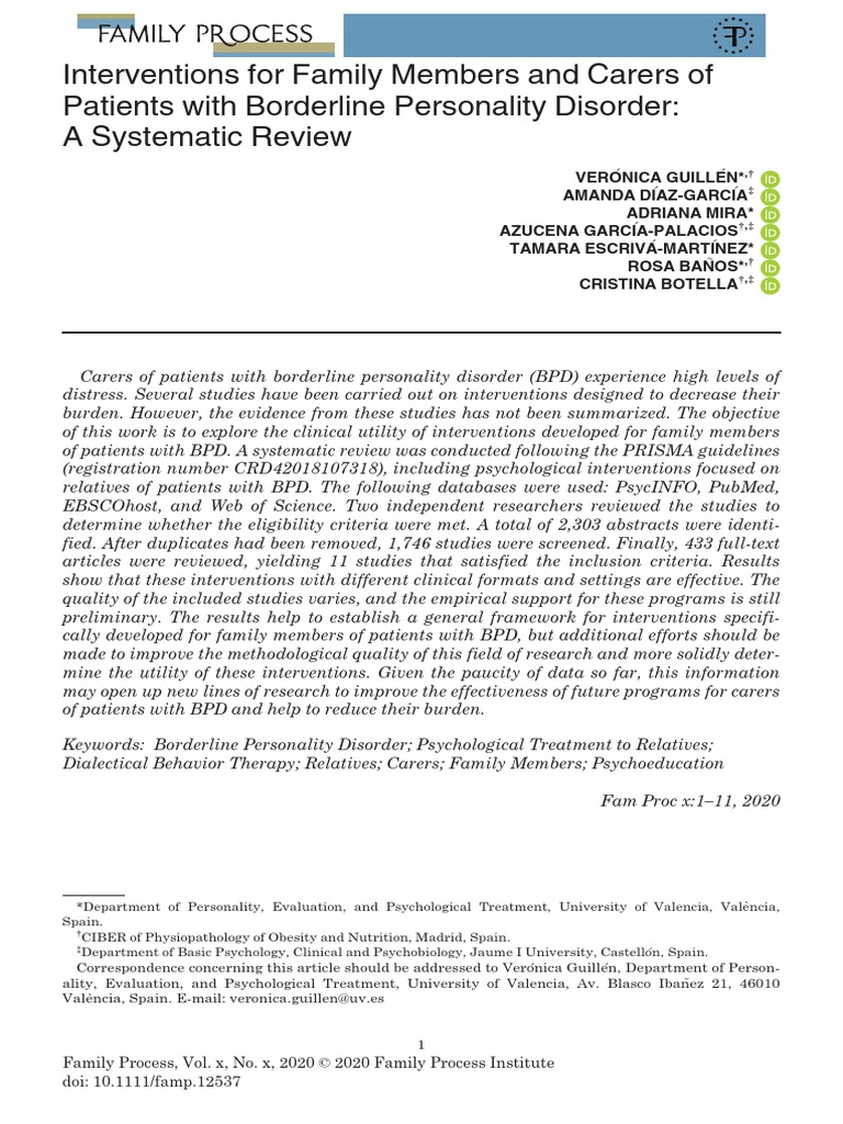 Grenyer Et Al 2018 - Interventions For Family Members and Carers of Patients With Borderline ...