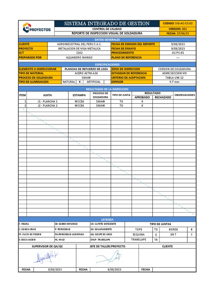 04 Registro Inspecion Visual Soldadura | PDF