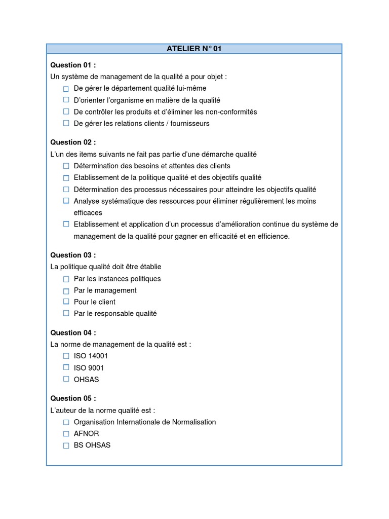 QCM Qualite | PDF | Management de la qualité | Théorie des systèmes