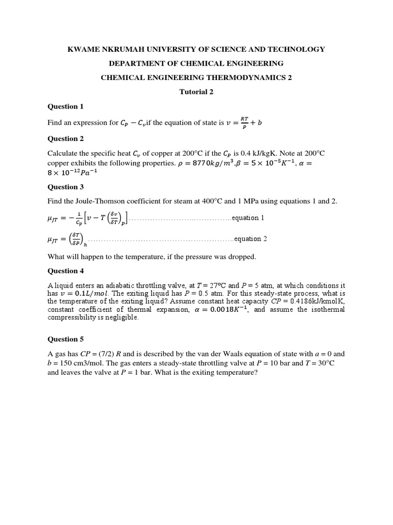 Chemical Engineering Thermodynamics Tutorial | PDF