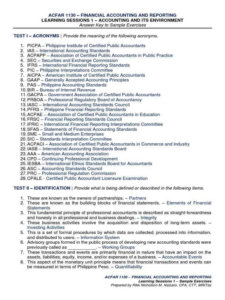 1 Accounting and Its Environment Answer Key To Sample Exercises | PDF