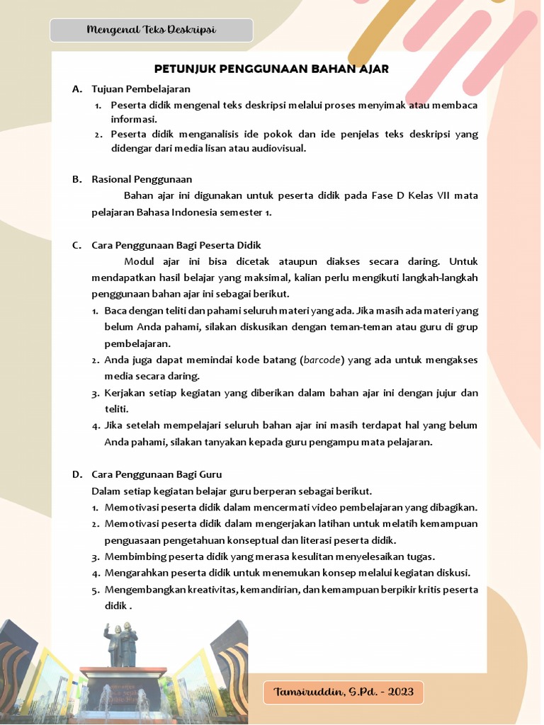 3185 - Petunjuk Penggunaan Bahan Ajar 7.1.1 Memahami Teks Deskripsi | PDF