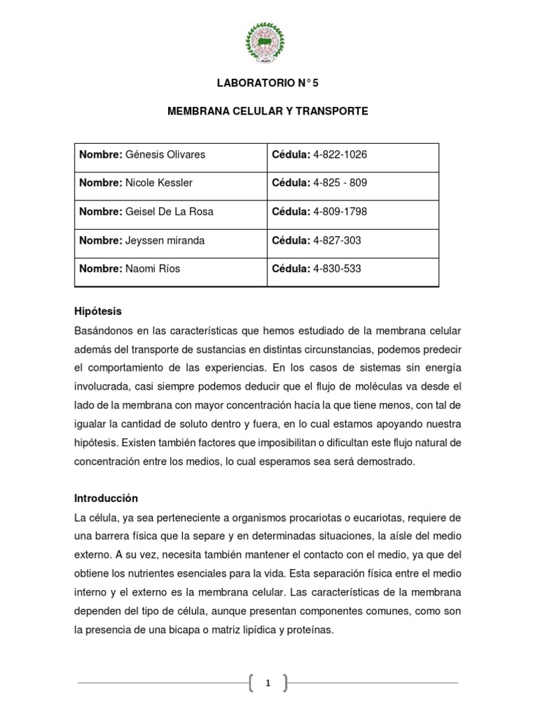Lab. 5 Membrana Celular y Transporte | PDF | Polaridad química | Membrana celular