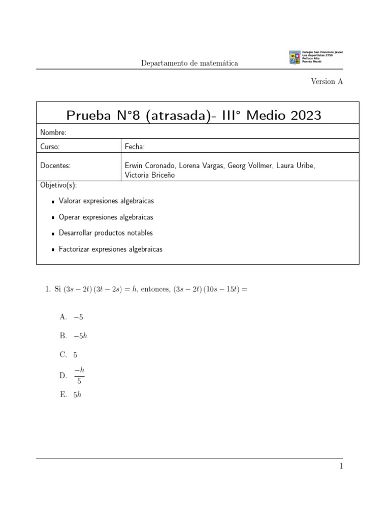 Prueba III° Medio N°8 atrasada | PDF | Números | Geometría euclidiana