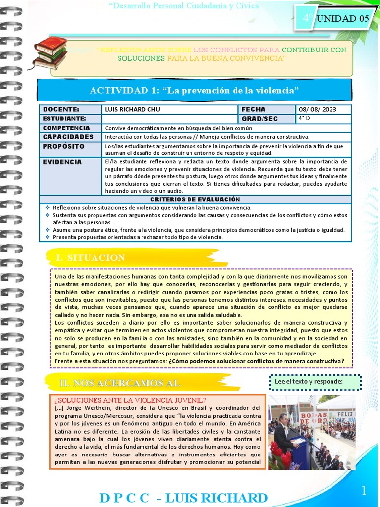 Sesion N 1 DPCC Actv 01 Unid 5 4to D | PDF | Violencia | Familia