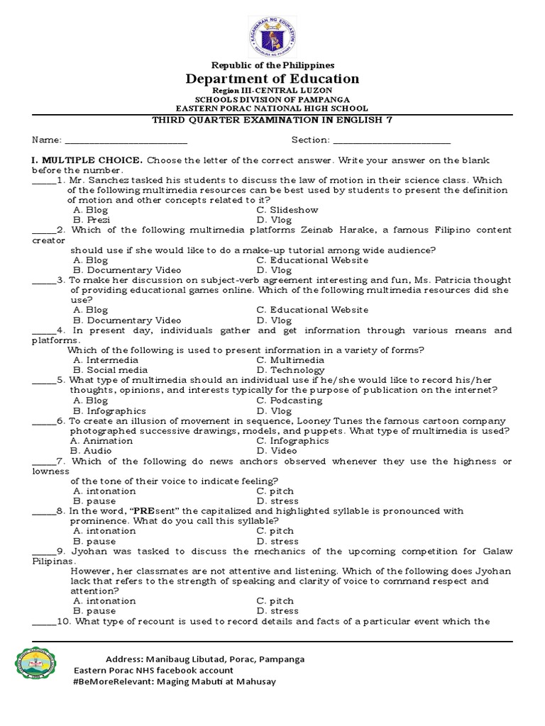 English 7 - Third Periodical Examination | PDF