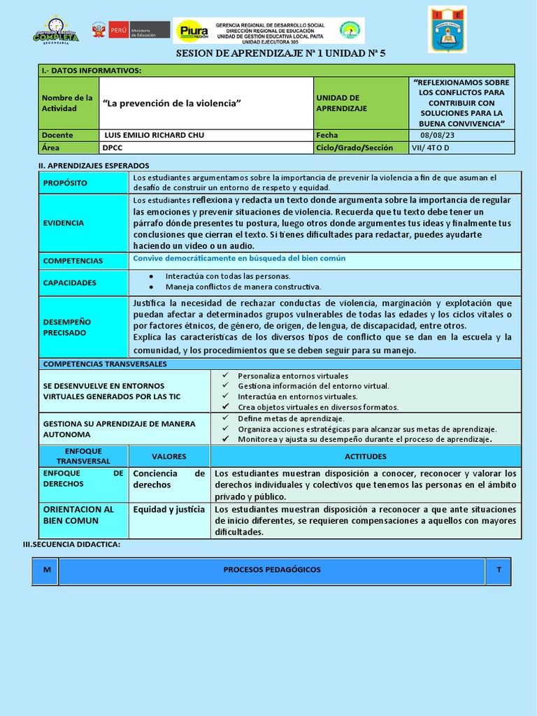 Sesion N 1 DPCC Uni 5 4to D | Descargar gratis PDF | Aprendizaje | Violencia