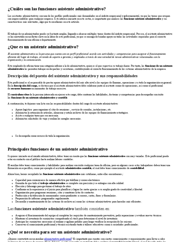 Cuáles Son Las Funciones Asistente Administrativo | PDF | Gestión de recursos humanos | Business