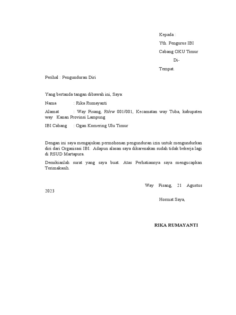 SURAT PENGUNDURAN DIRI IBI | PDF