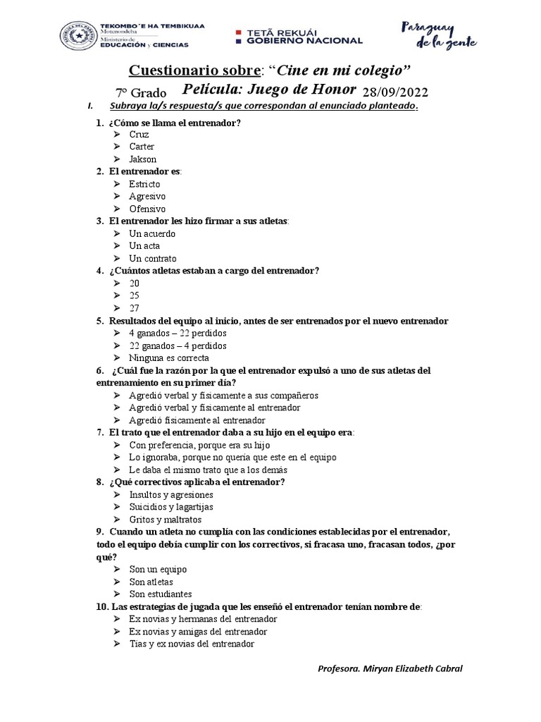 Cuestionario Cine en Mi Colegio | PDF