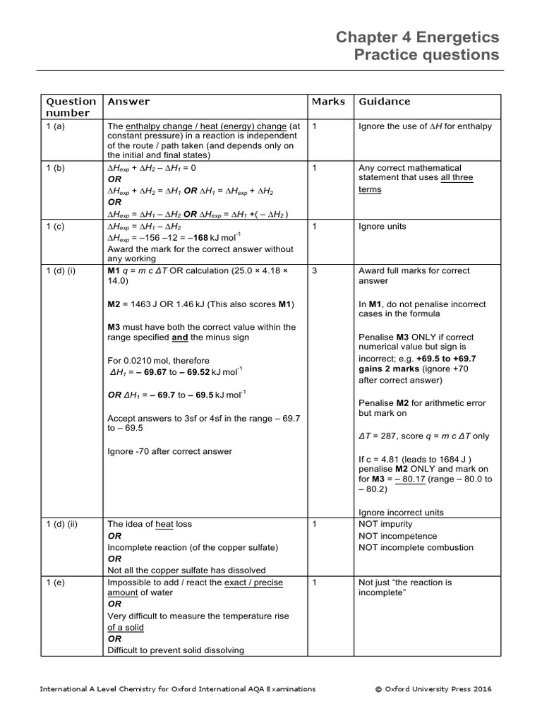 AQA A Level Chem CH4 Practice Question Answers | PDF | Enthalpy | Chemical Reactions