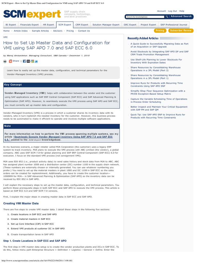 How To Set Up Master Data and Configuration For Vmi Using Sap Apo 70 ...