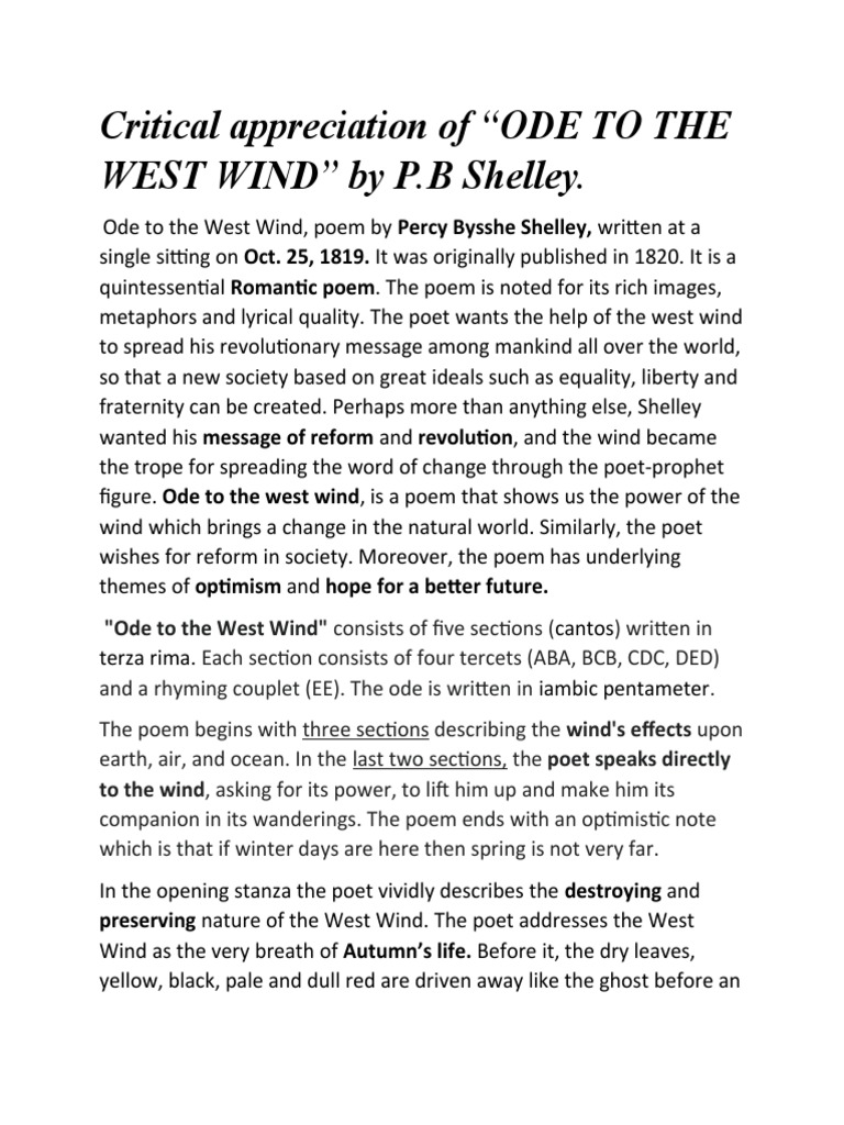 Critical appreciation of “ODE TO THE WEST WIND” | PDF