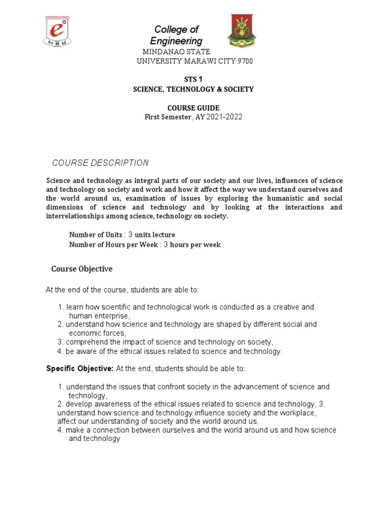 STS 1 Course Guide 1st Sem 2021-2022 | PDF | Science | Engineering