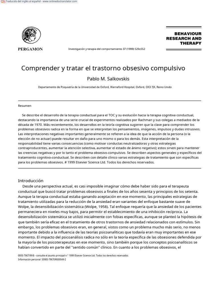 OCD Paul Salkovskis Understanding and Treating OCD (1) .En - Es | PDF