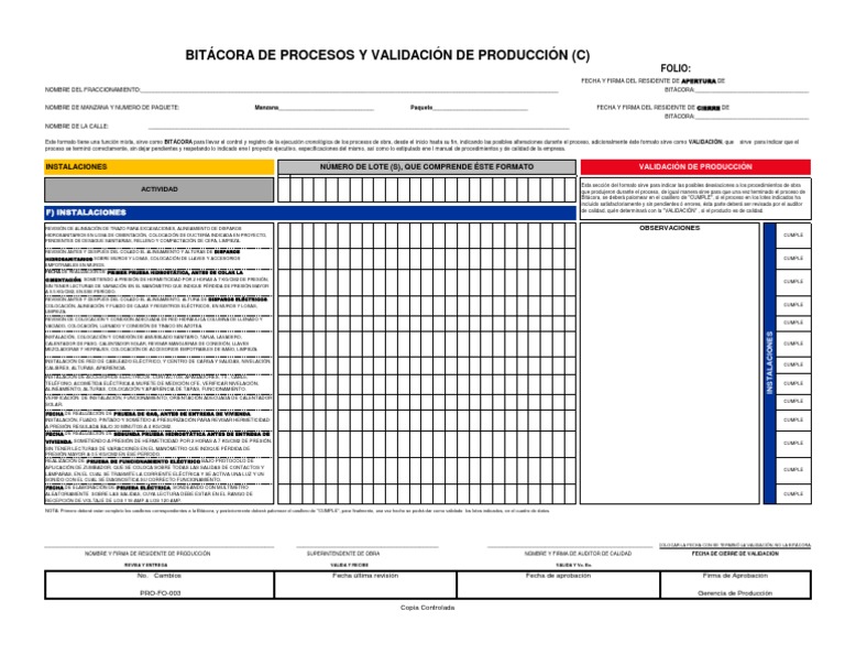 PRO-FO-004 Bitacora y Validacion INSTALACIONES | PDF