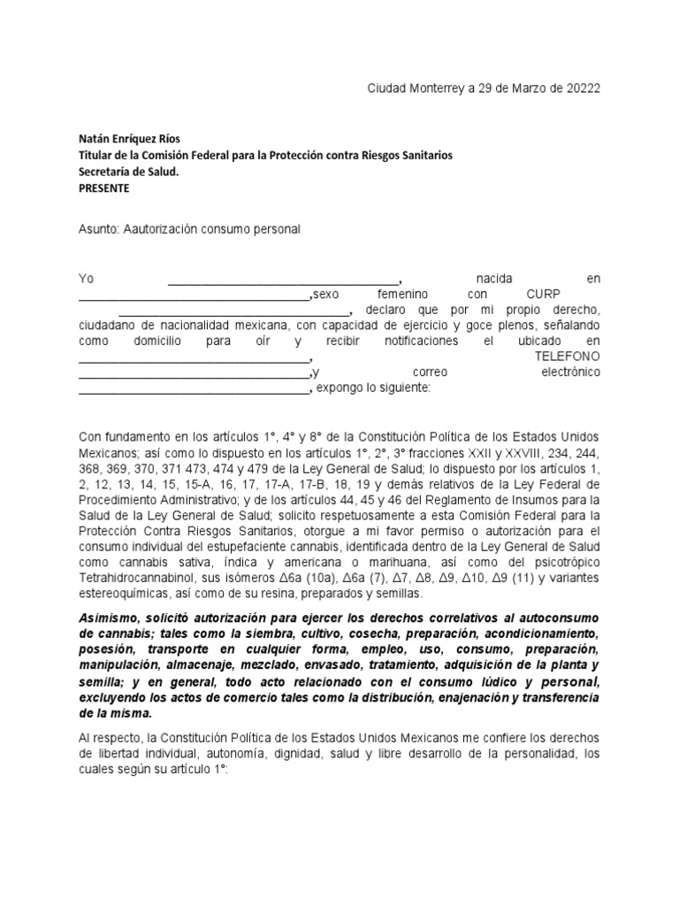 COFEPRIS ESCRITO LIBRE Rellenar | PDF | Cannabis (Droga) | Libertad