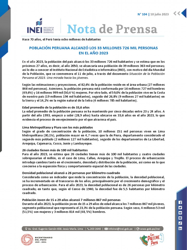 Nota de Prensa No 104 2023 Inei | PDF