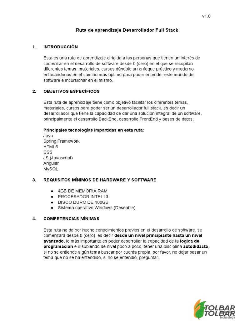 Ruta de Aprendizaje Desarrollador FullStack v1.0 | PDF