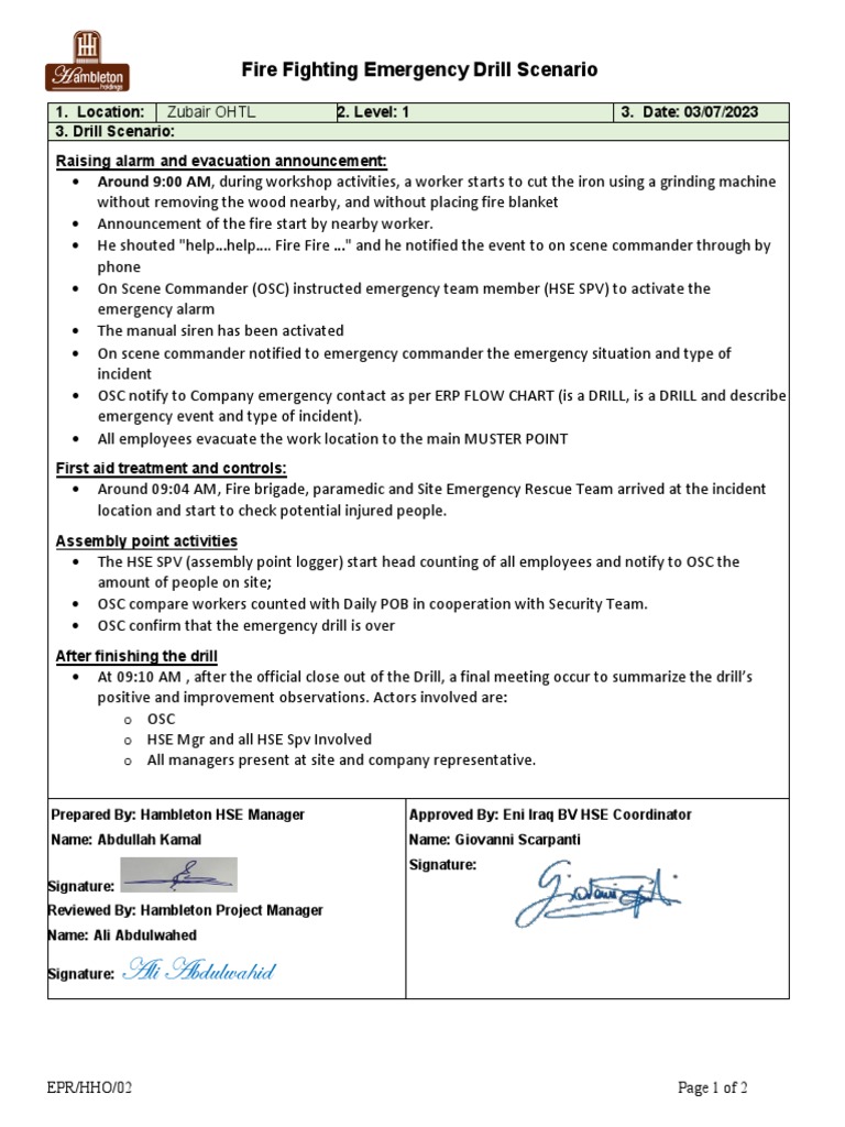 Fire Fighting Emergency Drill Scenario - June 2023 | PDF