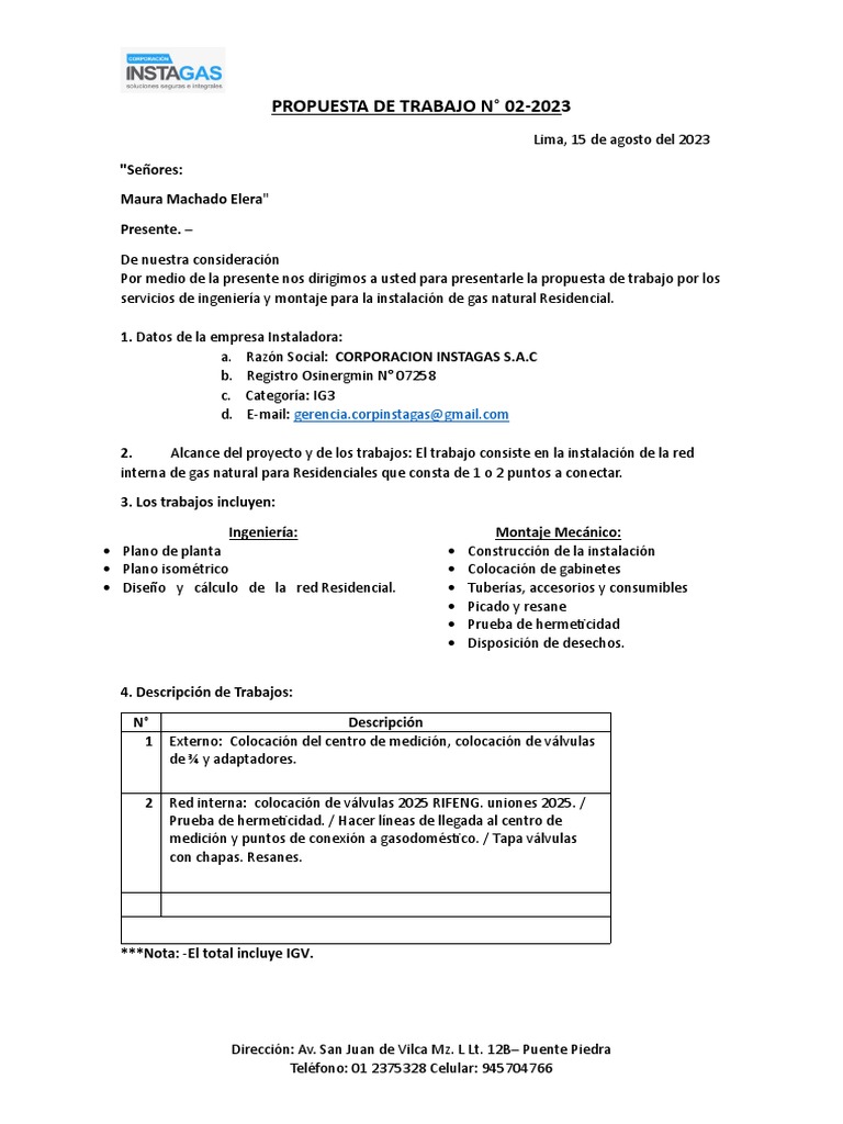 Propuesta de Trabajo-Instagas | PDF