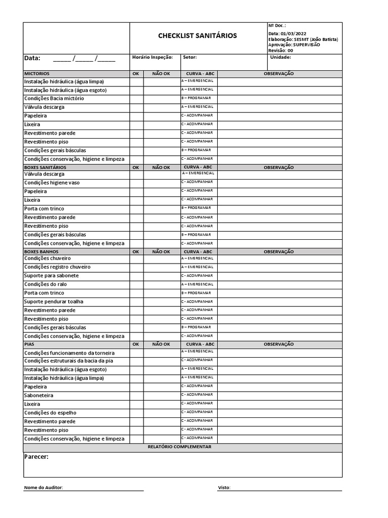 Check-List Sanitários 1 | PDF | Saúde pública | Engenharia Civil