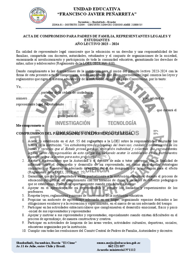 ACTA DE COMPROMISO 2023-2024 | PDF | Salón de clases