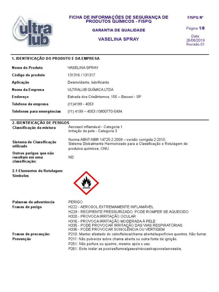 FISPQ Vaselina Spray | PDF