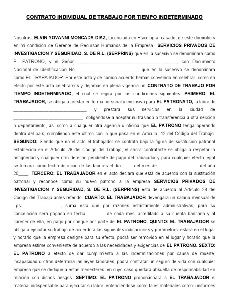 Contrato Individual de Trabajo Por Tiempo Indeterminado Serprin | PDF | Derecho laboral | Clase ...