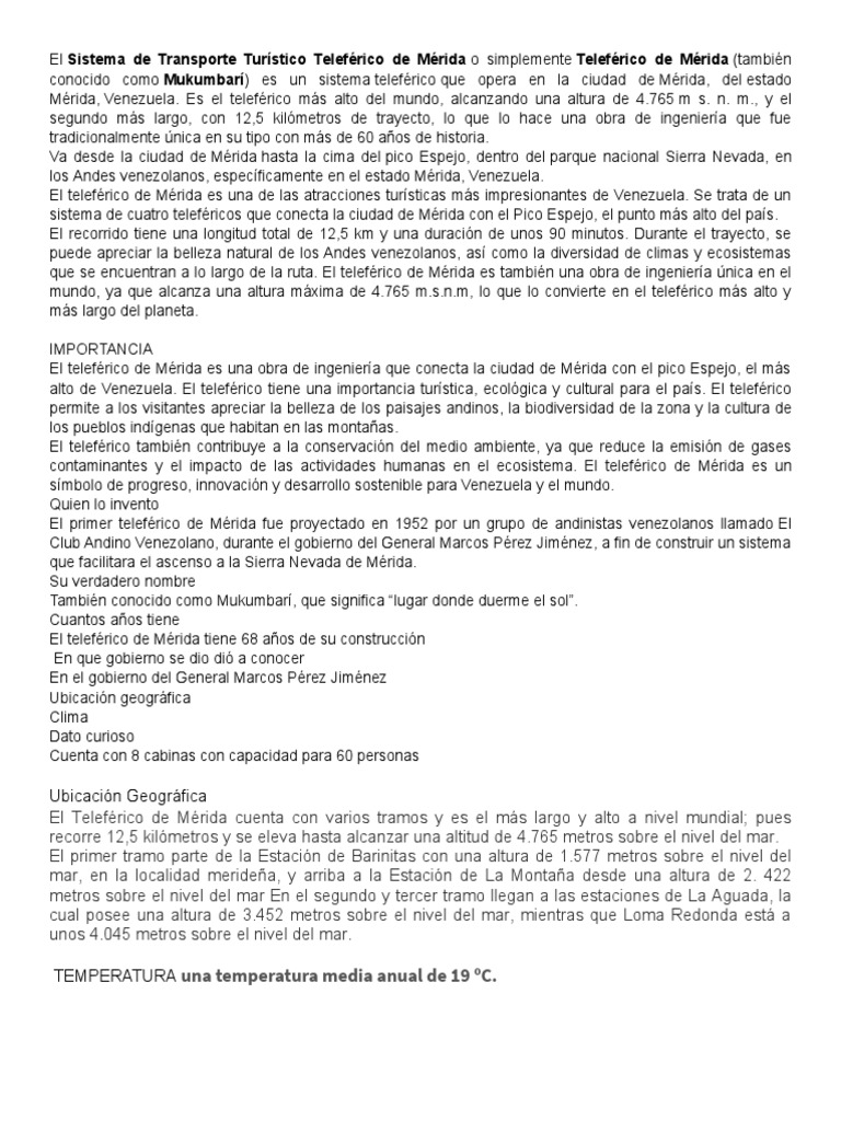 Teleférico de Mérida: Altura y Trayecto | PDF