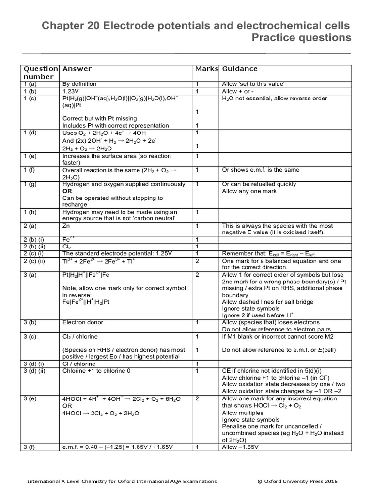 AQA A Level Chem CH20 Practice Question Answers | PDF