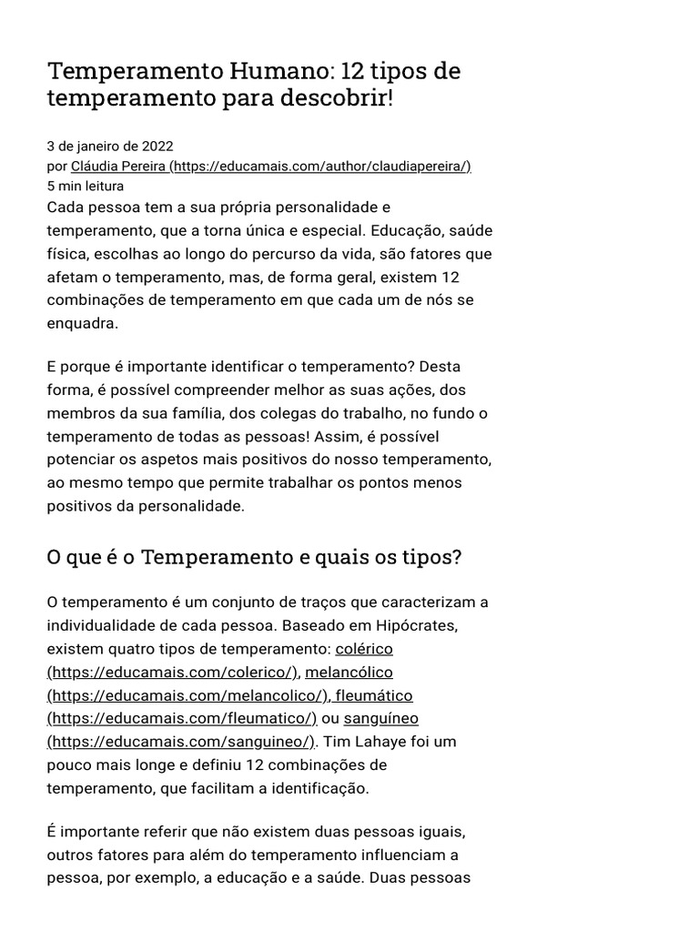 Temperamento Humano - 12 Tipos de Temperamento para Descobrir! | PDF