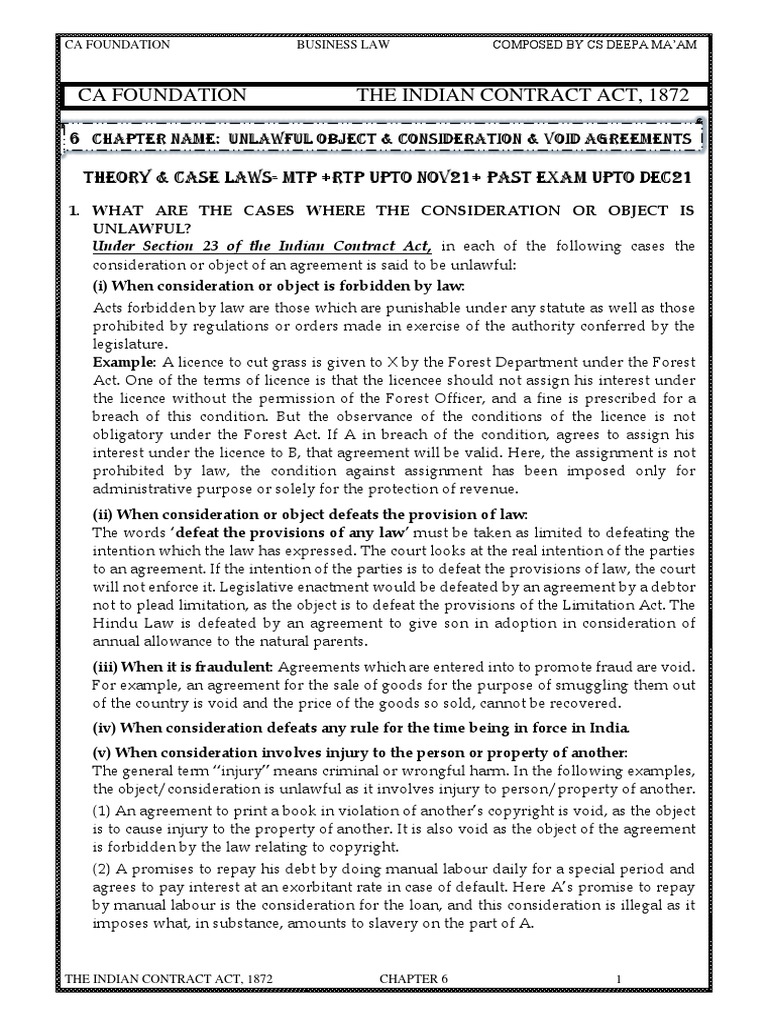 Ca Foundation The Indian Contract Act, 1872: 6 Theory & Case Laws-Mtp +RTP UPTO NOV21+ Past Exam ...