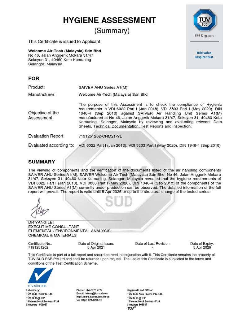 Saiver - Ahu Hygiene Cert - Vdi 6022 (2021) | PDF