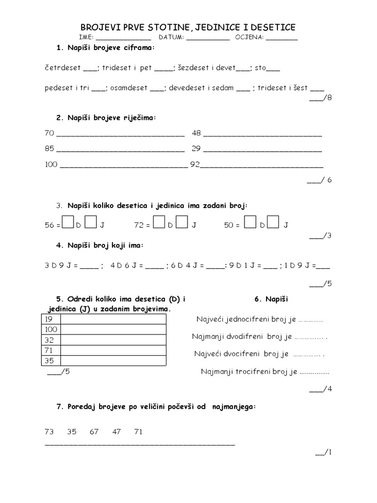 Brojevi Prve Stotice, Desetice I Jedinice | PDF