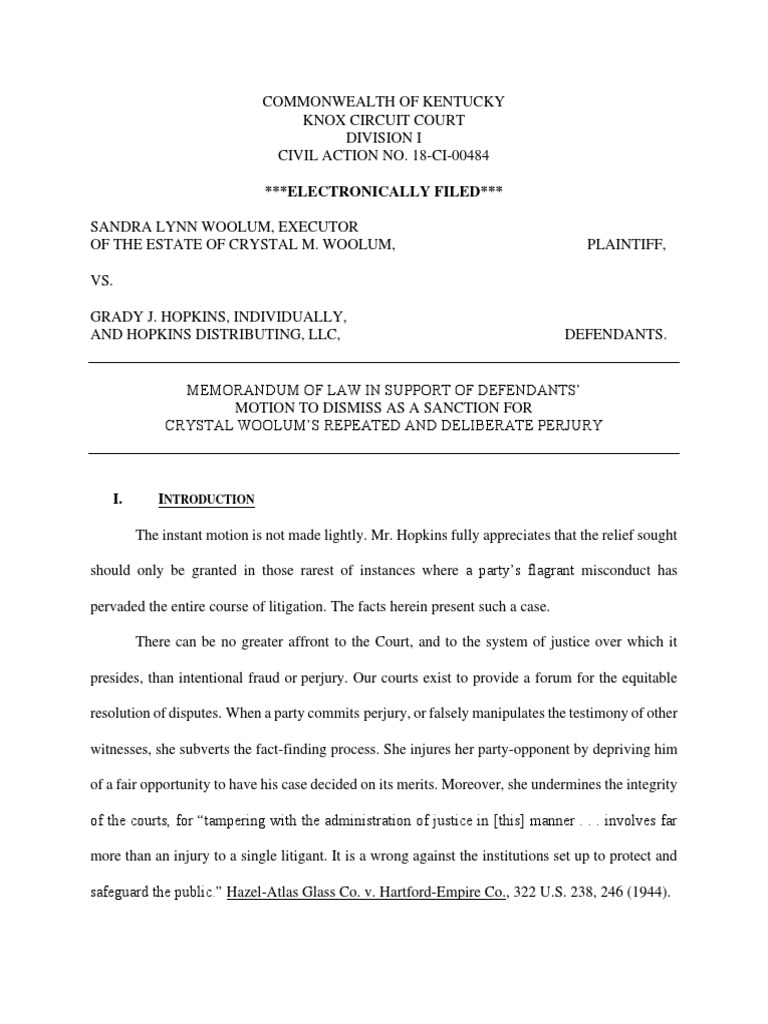 Memorandum - Motion To Dismiss As Sanction For Perjury - E-FILE - Copy ...