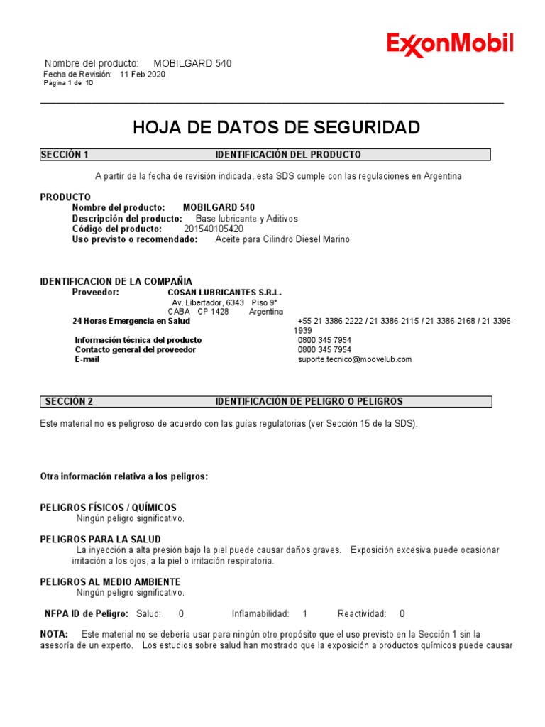 MSDS MOBILGARD 540 | PDF | Agua | Ciencias fisicas