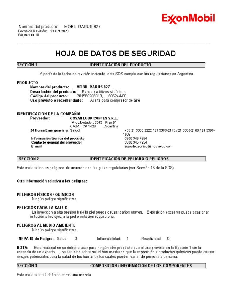 Hoja de Datos de Seguridad Mobil Rarus 827 | PDF | Descarga ...