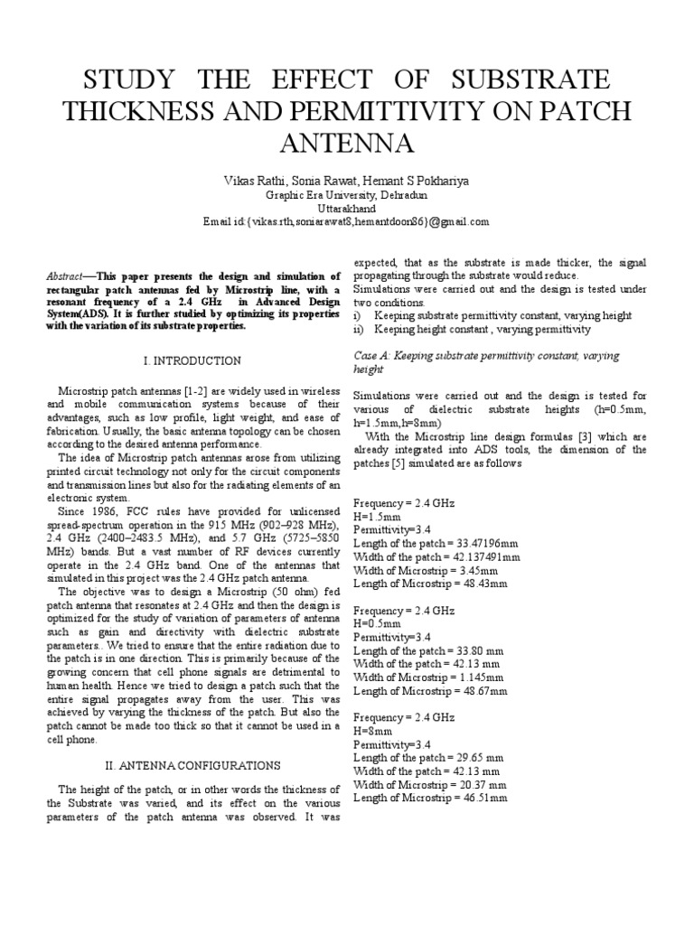 EFFECT OF SUBSTRATE THICKNESS AND PERMITTIVITY ON PATCH ANTENNA - Vikas Rathi | PDF | Antenna ...
