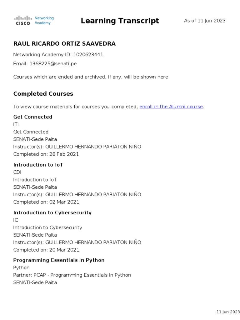 NetAcad Learning Transcript | PDF