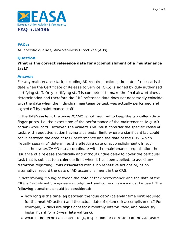 EASA FAQS 1 - What Is The Correct Reference Date For Accomplishment of A Maintenance Task | PDF