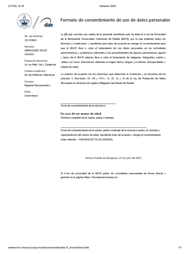 Consentimiento para Uso de Datos Personales | PDF