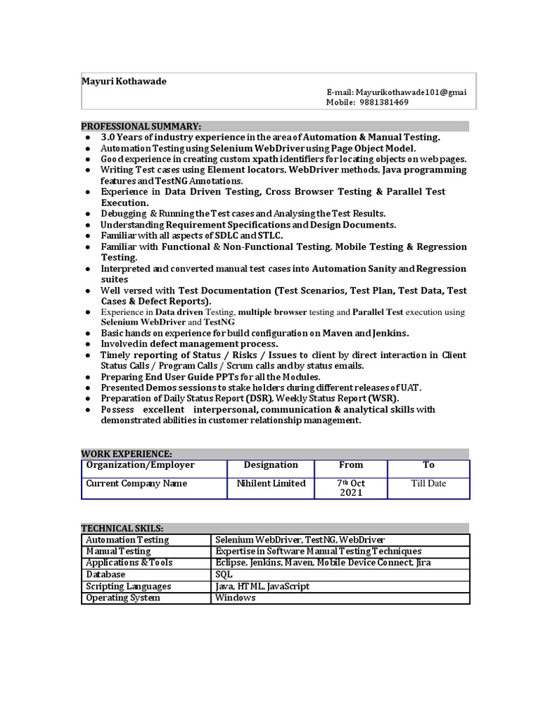MayuriKothawade Resume | PDF | Selenium (Software) | Software Testing