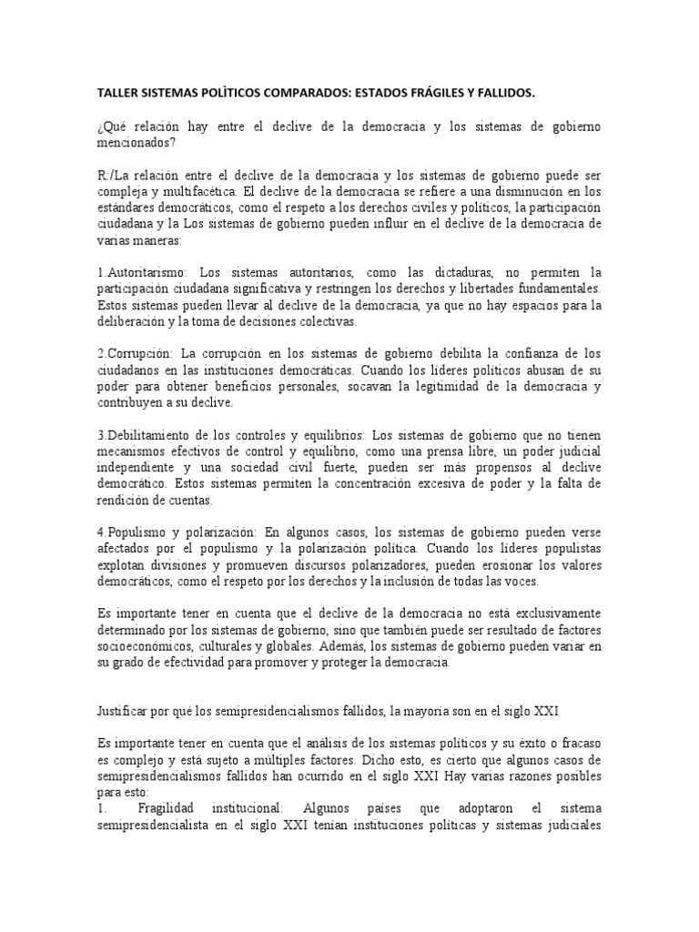 Taller Sistemas Polìticos Comparados Estados Frágiles y Fallidos | PDF