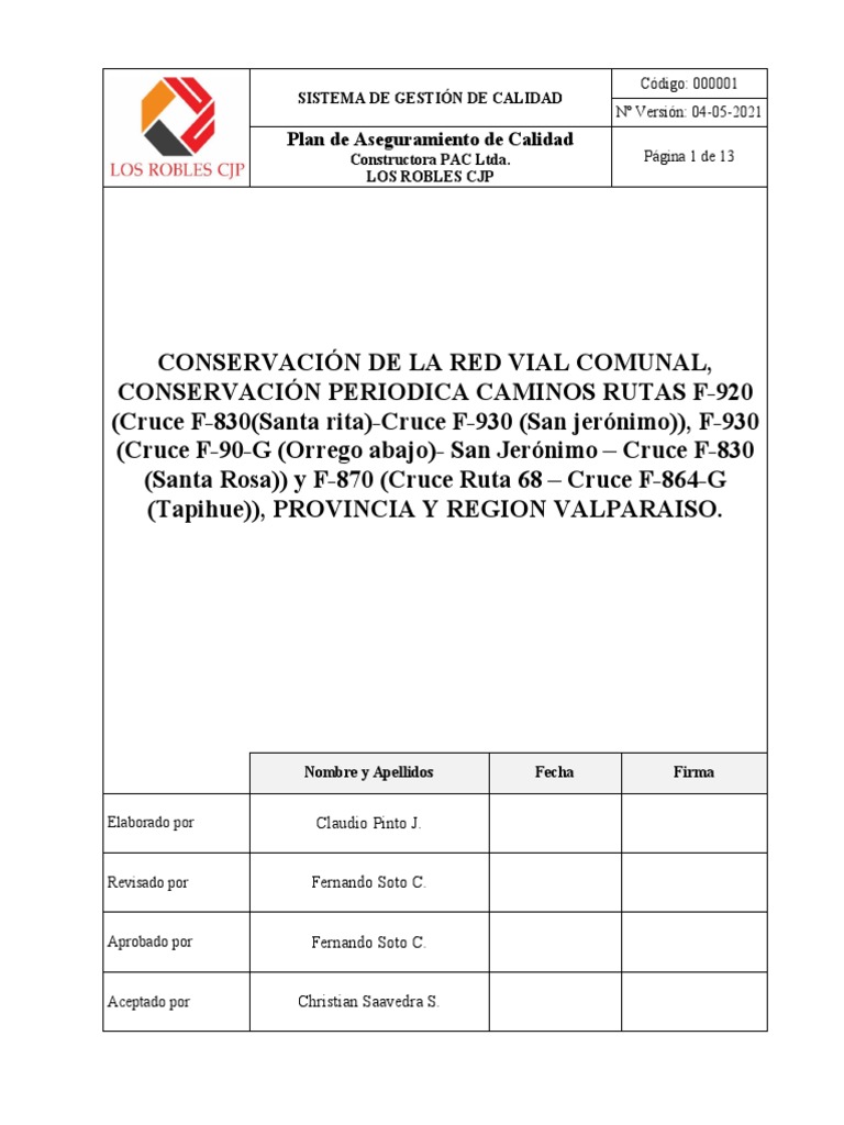 Plan de Calidad Los Robles Ltda | PDF