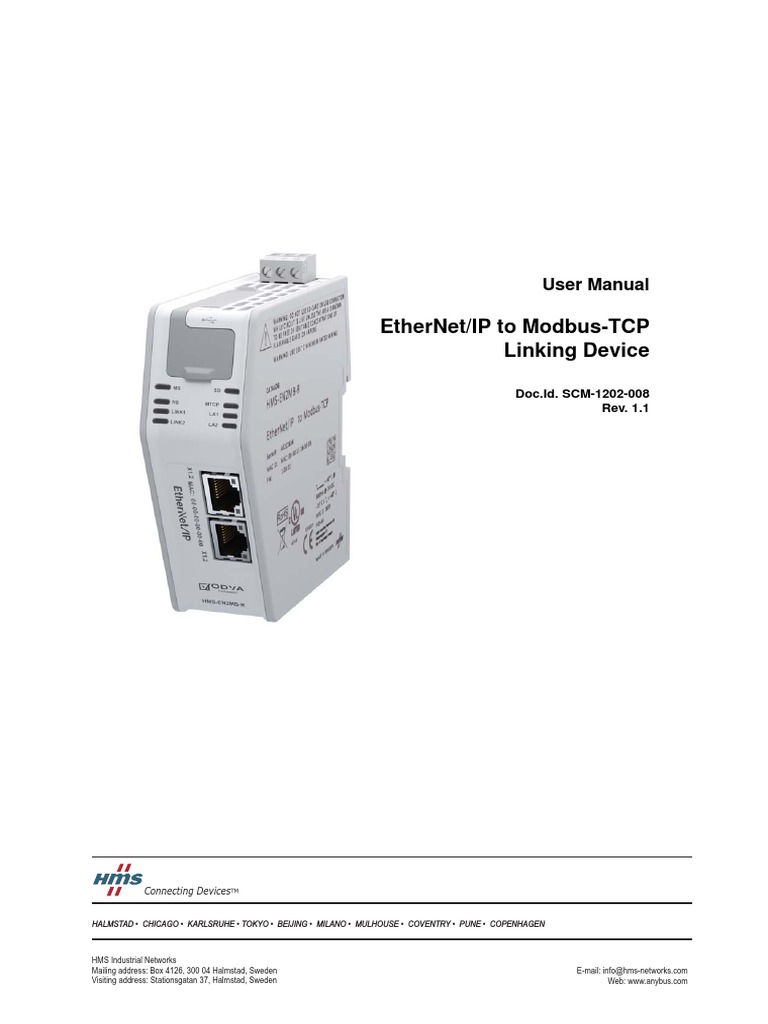 Anybus Ethernet Ip To Modbus Tcp Linking Device Hms En2mb R User Manual Pdf Internet 5769